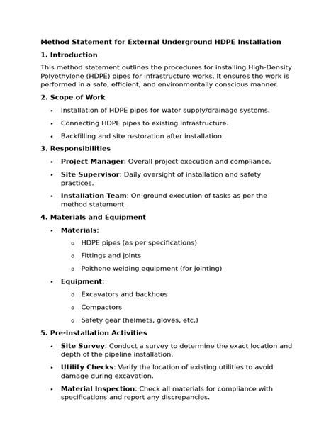 Method Statement For External Underground Hdpe Installation Pdf