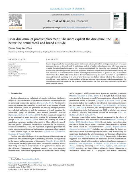Prior Disclosure Of Product Placement Pdf Brand Cognition