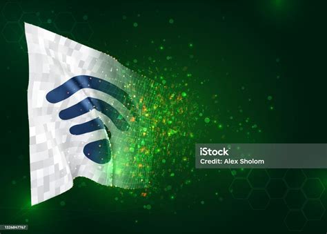 다각형 및 데이터 번호가 있는 녹색 배경의 Wifi 벡터 3d 플래그 3차원 형태에 대한 스톡 벡터 아트 및 기타 이미지 3