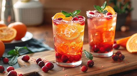 Orange Cranberry Fizzy Cocktail In A Glass Homemade Mocktail Stock