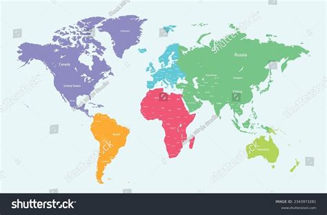 World Map Divided Into Six Continents With Royalty Free Stock Vector