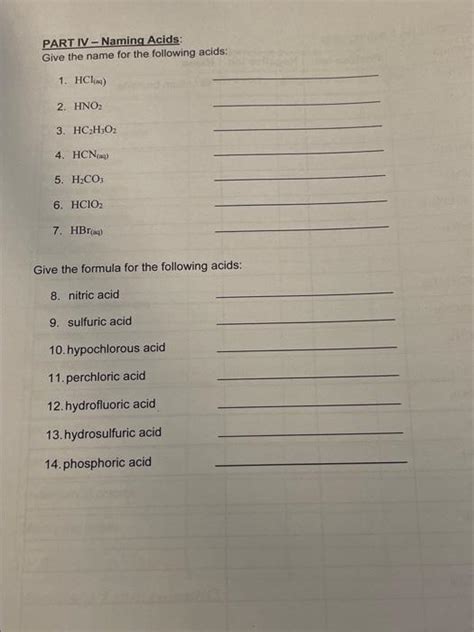 Solved PART IV Naming Acids Give The Name For The Following Chegg