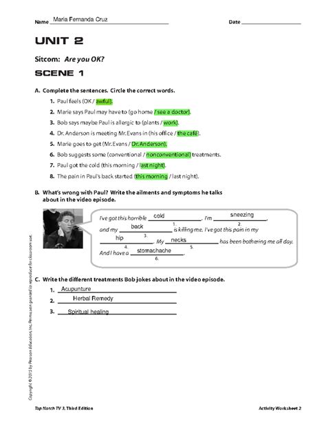 Unit 2 Top Notch 3 Unit 2 Sitcom Are You Ok Scene 1 A Complete The