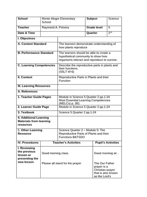 2nd lesson plan in science pdf flowers biological processes