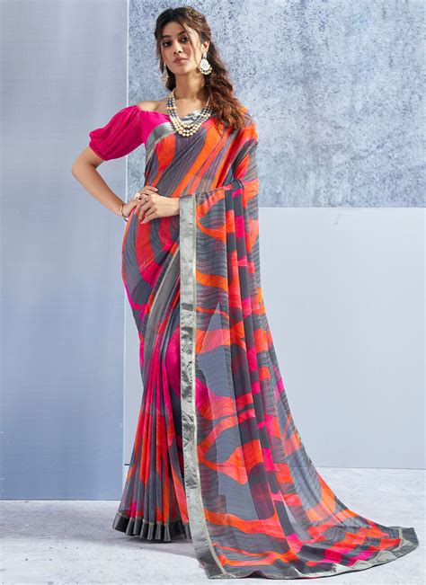 Buy Multi Colour Floral Print Georgette Trendy Saree 222774