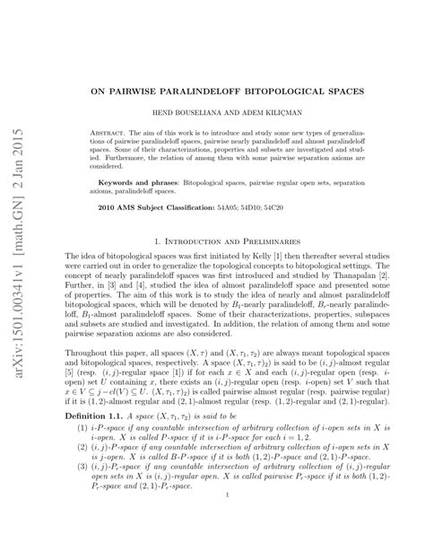 Pdf On Pairwise Paralindeloff Bitopological Spaces