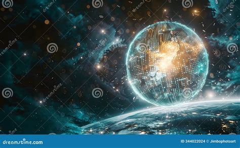 Giant Glowing Sphere Made Of Binary Code Floating Stock Illustration