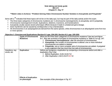 BIO 211 Day 17 Ch 8 Chromosome Variation Note Taking And Study Guide