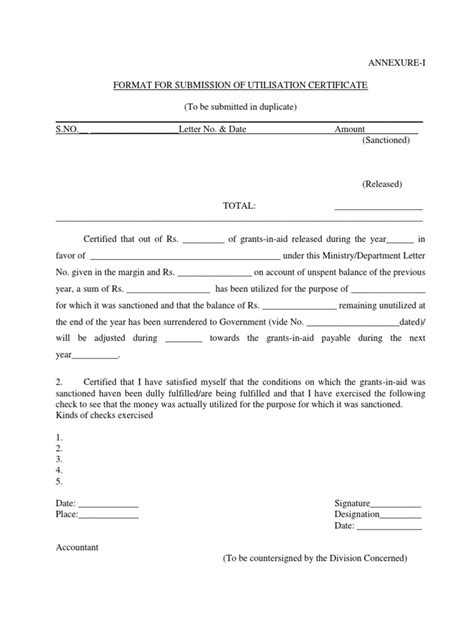 Format For Utilization Certificate Pdf