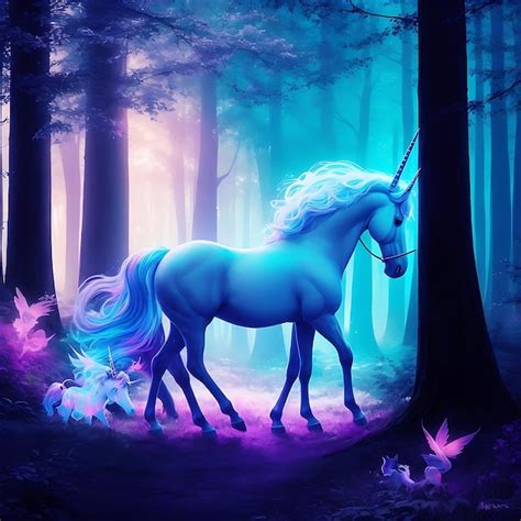 Abstract Drawing Of Mythical Unicorn In Glowing Fairy Forest Premium