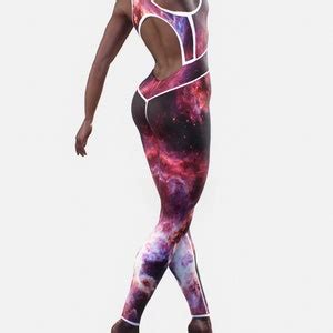 Red Nebula Shaping Bodysuit Halloween Celestial Catsuit Women Space Stars Unitard Fitness
