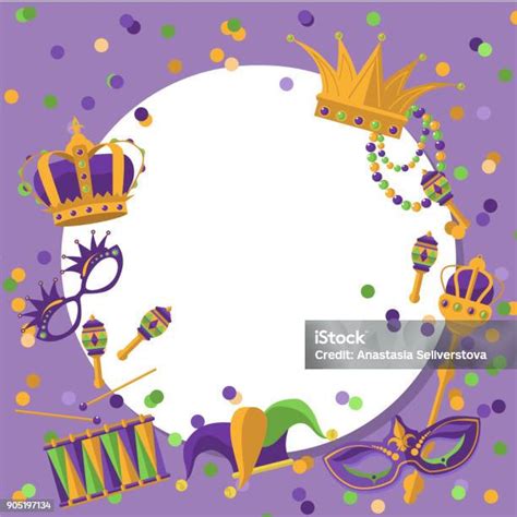 마디 그 라 프레임 템플릿 텍스트 위한 공간입니다 마디 그 라 카니발 포스터 플라이어 초대장입니다 파티 퍼레이드 배경입니다 벡터 일러스트 레이 션 0명에 대한 스톡 벡터