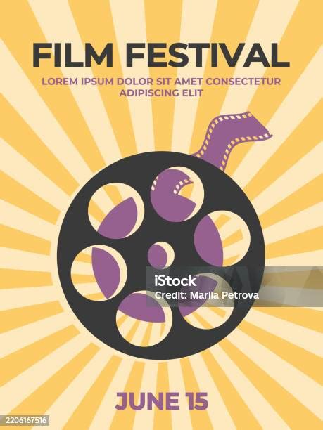 광선 배경에 물결 모양의 리본이 있는 필름 릴이 있는 복고풍 영화 축제 포스터입니다 미니멀리스트 영화 포스터 벡터 일러스트 레이