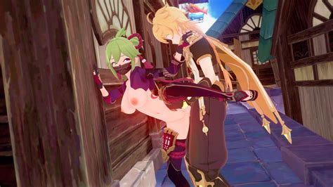 Rule 34 1boy 1girls 3d Aether Genshin Impact Against Wall Big