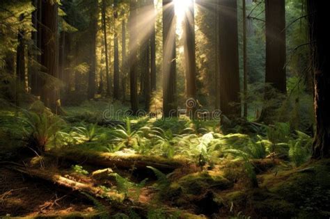 Forest With Shimmering Sunlight Filtering Through The Trees And Onto