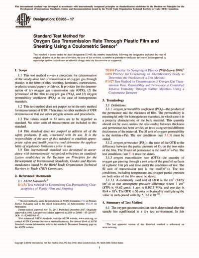 ASTM D Standard Test Method For Oxygen Gas Transmission Rate Through Plastic Film And