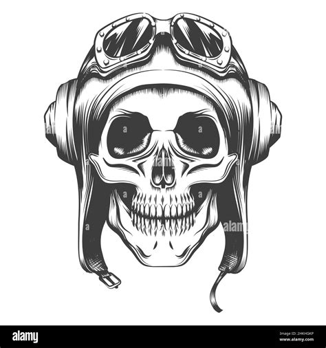 Tattoo Of Human Skull In Retro Aviator Helmet Isolated On White Vector