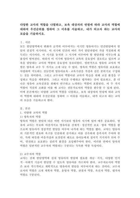 다양한 교사의 역할을 나열하고 보육 대상자의 연령에 따라 교사의 역할에 대하여 우선순위를 정하여 그 이유를 서술하고 내가 되고자