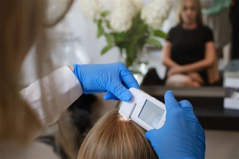 Premium Photo Doctor Examines Head Skin Of Young Woman With Special