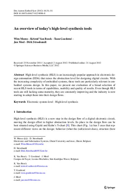 Pdf An Overview Of Todays High Level Synthesis Tools