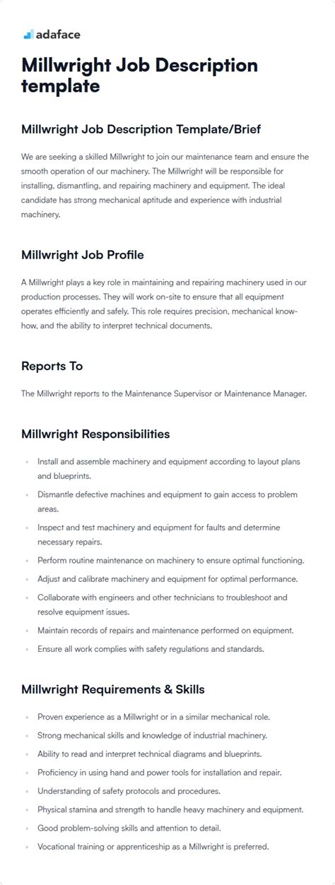 Millwright Job Description Template Adaface