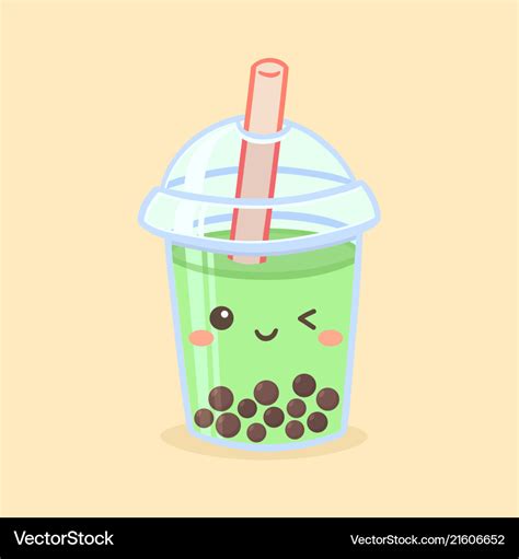 Cute Boba Bubble Green Tea Drink Glass Cartoon Vector Image