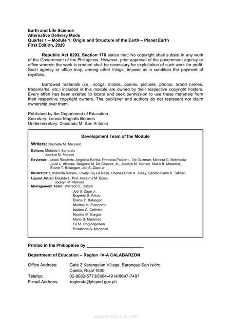 Earth And Life Science Module 1 Origin And Structure Of The Earth Planet Earth SHS Modules