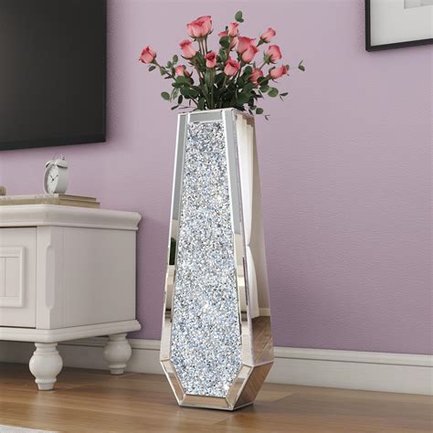 Shyfoy Extra Large Crushed Diamond Floor Vase 30 Inches Silver Mirror
