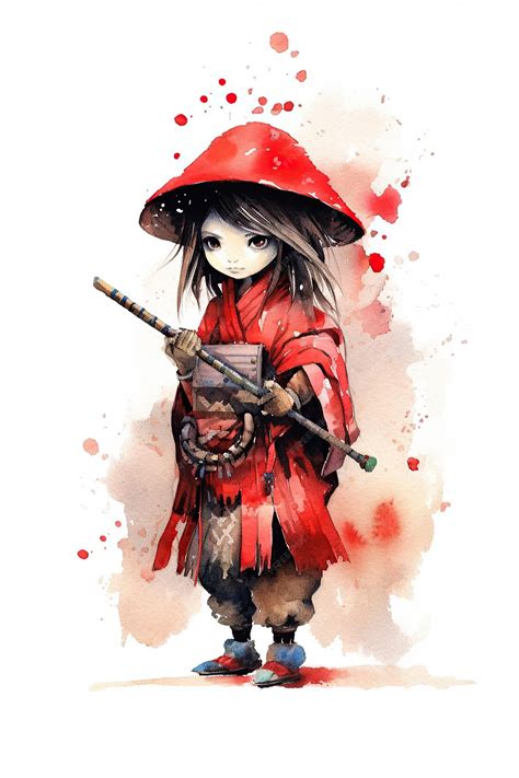 Samurai Fighter Acuarela Clipart Lindo Aislado Sobre Fondo Blanco Con