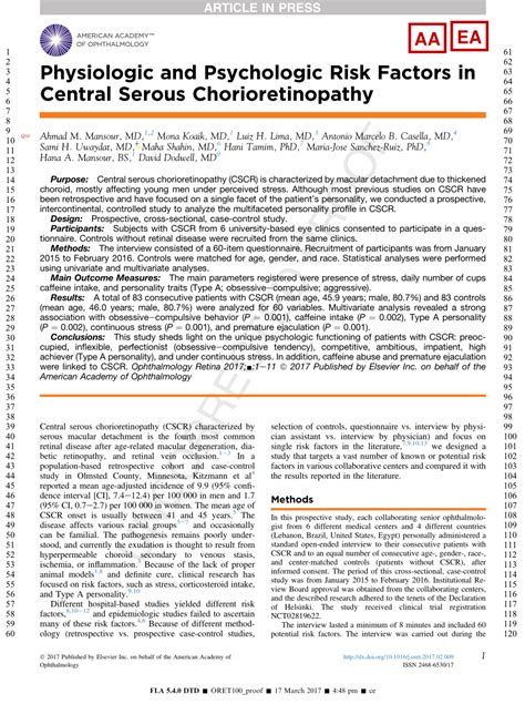 Pdf Physiologic And Psychologic Risk Factors In Central Serous