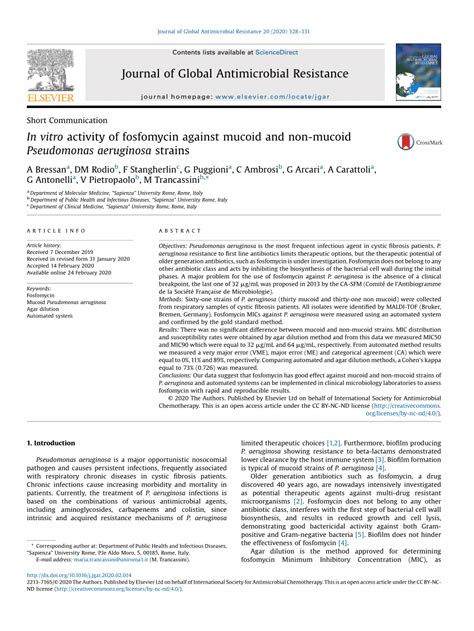 Pdf In Vitro Activity Of Fosfomycin Against Mucoid And Non Mucoid