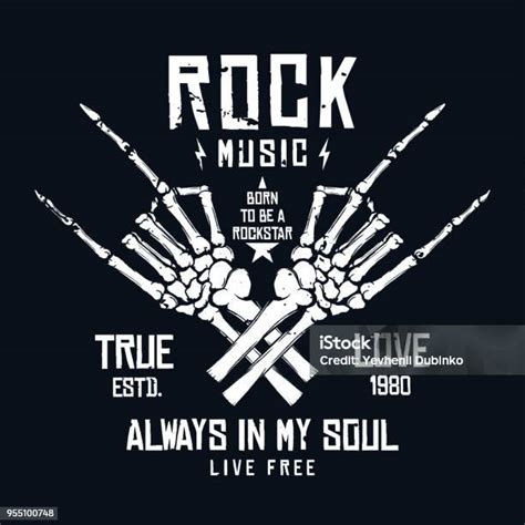 록 음악 T셔츠 디자인입니다 빈티지 락 페스티벌 포스터 디자인 T셔츠 슬로건 인쇄 뼈대와 어두운 배경에 글자의 손에 락 음악에