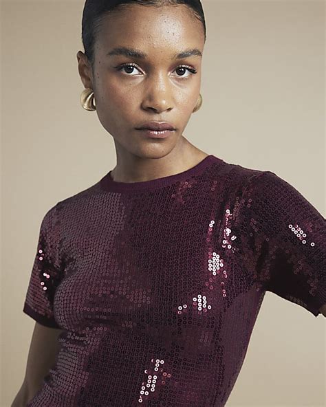 Red Knit Sequin Short Sleeve Top River Island