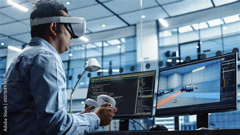 Industrial Software Developer Writing Code And Testing Automotive Manufacturing Interface