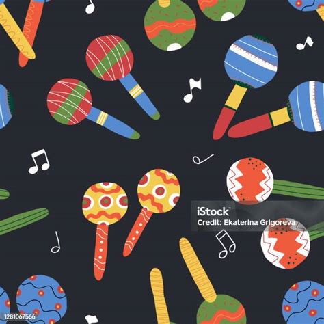 멕시코 마라카와 뮤지컬 노트 직물 직물 천 인쇄 커버리지 포장지 및 기타 디자인에 대한 검은 배경에 원활한 벡터 패턴 0명에 대한 스톡 벡터 아트 및 기타 이미지 Istock