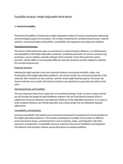 Adjustable Workbench Feasibility Pdf Feasibility Study Risk