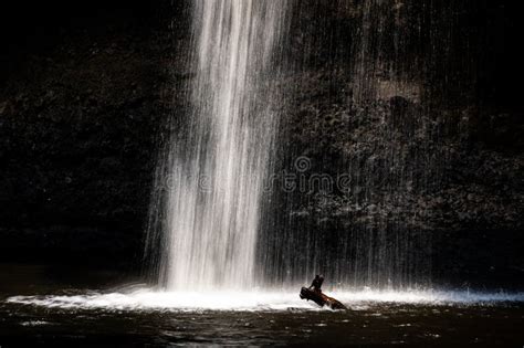 Splashing Waterfall Drop On Pond With Dark Background Of Cave Stock