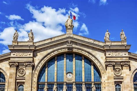 Gare Du Nord North Train Station Flag Statues Paris France Stock Image