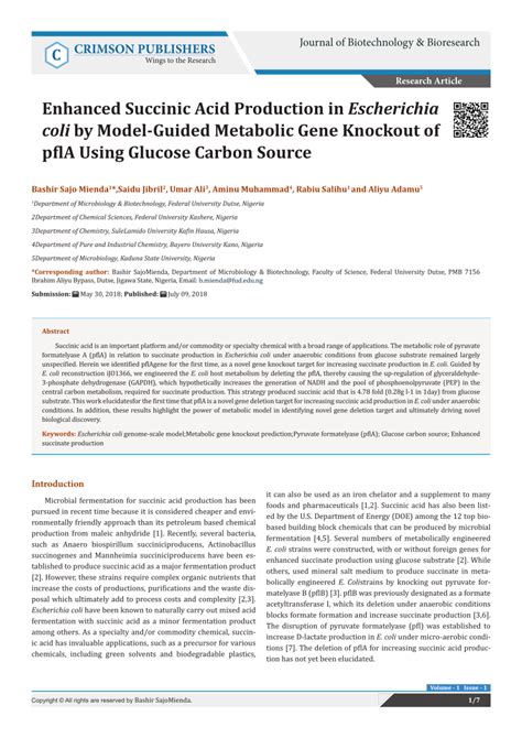 Pdf Enhanced Succinic Acid Production In Escherichia Coli By Model