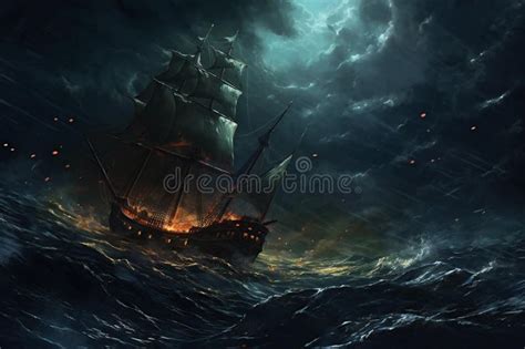Pirate Ship In Stormy Sea Stock Illustration Illustration Of Stunning