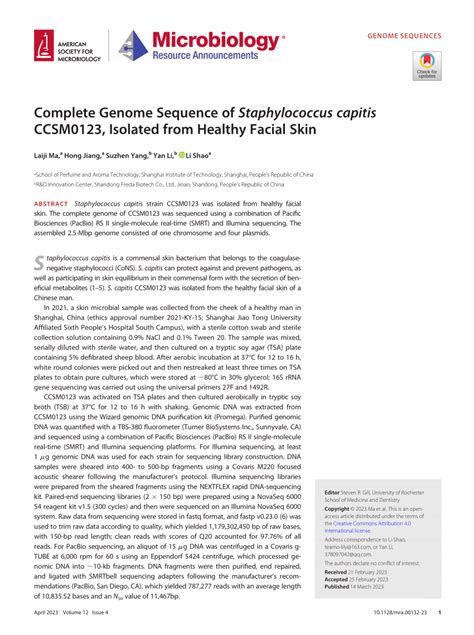 Pdf Complete Genome Sequence Of Staphylococcus Capitis Ccsm0123
