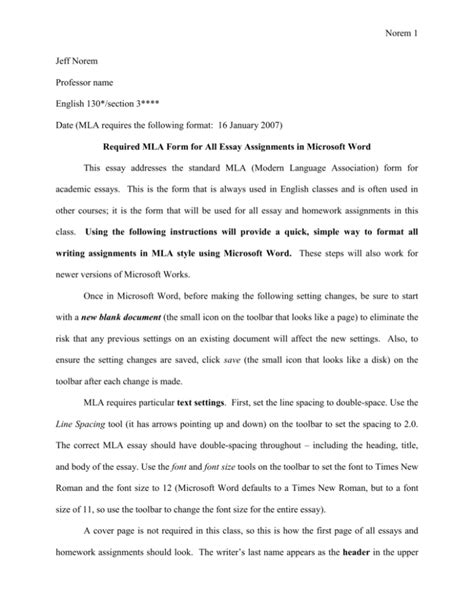 Mla Essay Format Guide For Microsoft Word