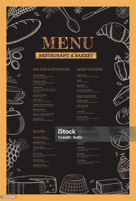 레스토랑 및 베이커리 메뉴 템플릿 검은 칠판 배경에 손으로 그린 벡터 음식 그림 베이커리 상품 치즈 과일 야채 벡터 메뉴판에 대한 스톡 벡터 아트 및 기타 이미지 Istock