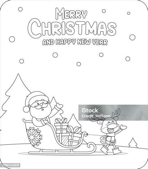 산타 클로스와 순록 만화 캐릭터와 메리 크리스마스 인사말 개요 12월에 대한 스톡 벡터 아트 및 기타 이미지 12월 겨울 계절 Istock