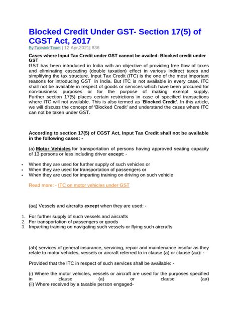 Blocked Credit Under Gst Section 17 5 Of Cgst Act 2017 Pdf