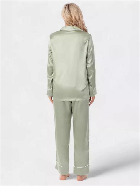 Personalised Green Silk Pajamas Long Sleeve Womens Silk Pajamas