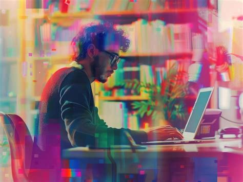 A Man Wearing Glasses Is Sitting At A Desk In Front Of A Laptop He Has