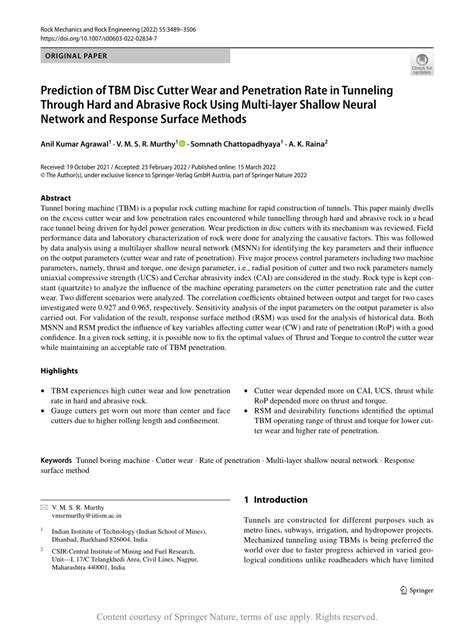 prediction of tbm disc cutter wear and penetration rate in tunneling through hard and abrasive