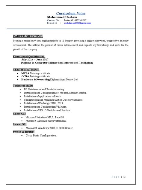 Curriculum Vitae Mohammed Hasham Pdf Computer Network Active Directory