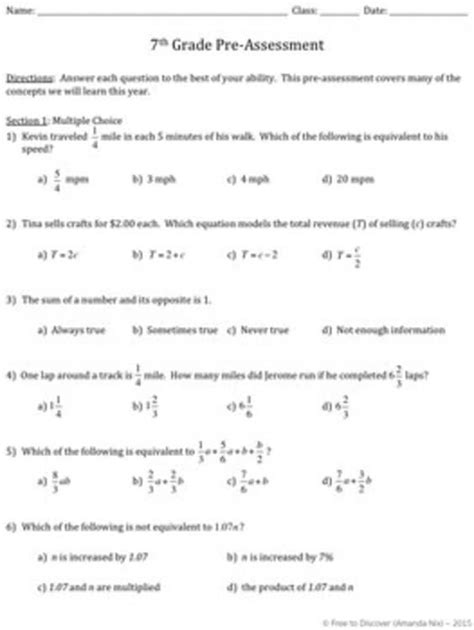 First Day Of School Activities Math 7th Grade Pre Assessment And Post